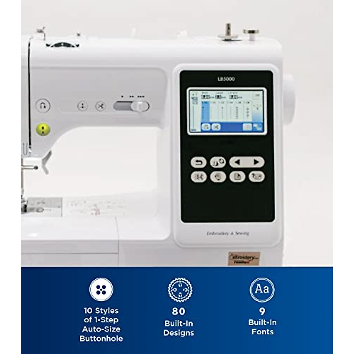 Brother LB5000 Sewing and Embroidery Machine, 80 Built-in Designs, 103 Built-in Stitches, Computerized, 4" x 4" Hoop Area, 3.7" LCD Touchscreen Display, 7 Included Feet