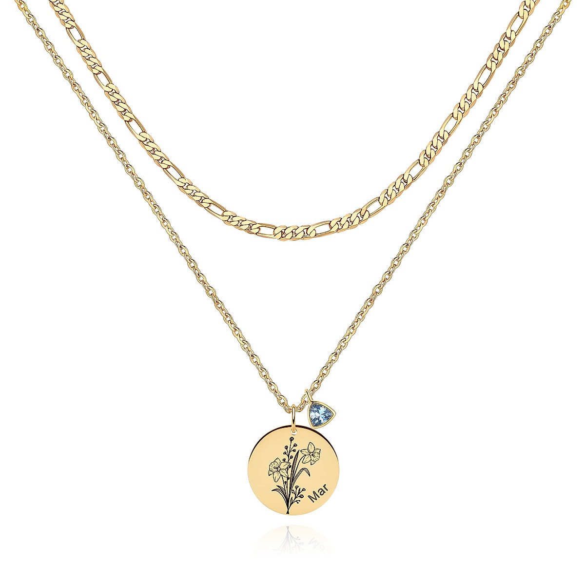 MTMY Birth Flower Necklaces for Women 18K Gold Plated Dainty Layered Birth Month Flower with Birthstone Pendant Necklaces Personalized Custom Floral Jewelry (Mar-Daffodil-Coin)