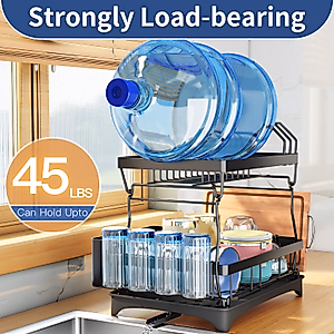 Dish Drying Rack, Detachable 2 Tier Dish Racks for Kitchen Counter with Pot Rack, Large Capacity Dish Drainer with Drainboard Organizer Shelf with Utensil Holder, Cup Rack, Cutting Board Holder, Black