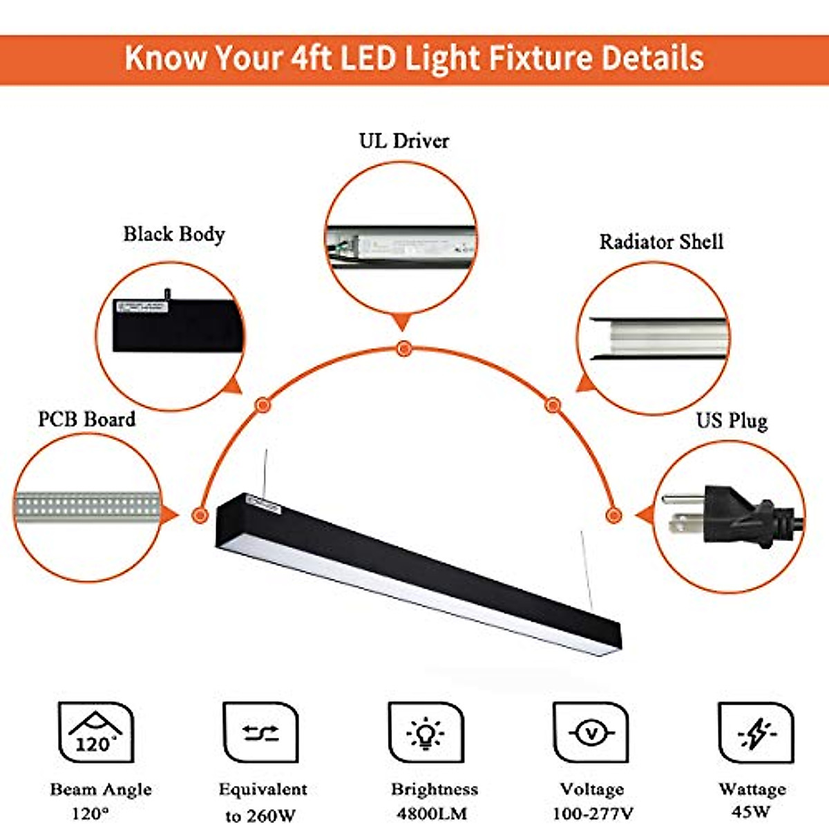 4ft LED Linear Light Fixtures Architectural Suspended Light with Plug, 4FT 45W Black Finish 0-10V Dimmable Office Lighting Fixture for Residential and Commercial Places, 4800lm, ETL 100-277V
