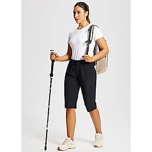 BALEAF Women's 15" Long Shorts Below The Knee Capri Hiking Cargo Shorts Lightweight Quick Dry Elastic Waist for Casual Black L