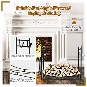 Goplus Firewood Rack with Tool Set, 36” Fireplace Log Holder W/Kindling Holders, Shovel, Poker, Tongs, Brush, Indoor & Outdoor Wood Stacker Lumbar Storage Organizer for Wood Stove, Fireside, Fire Pit