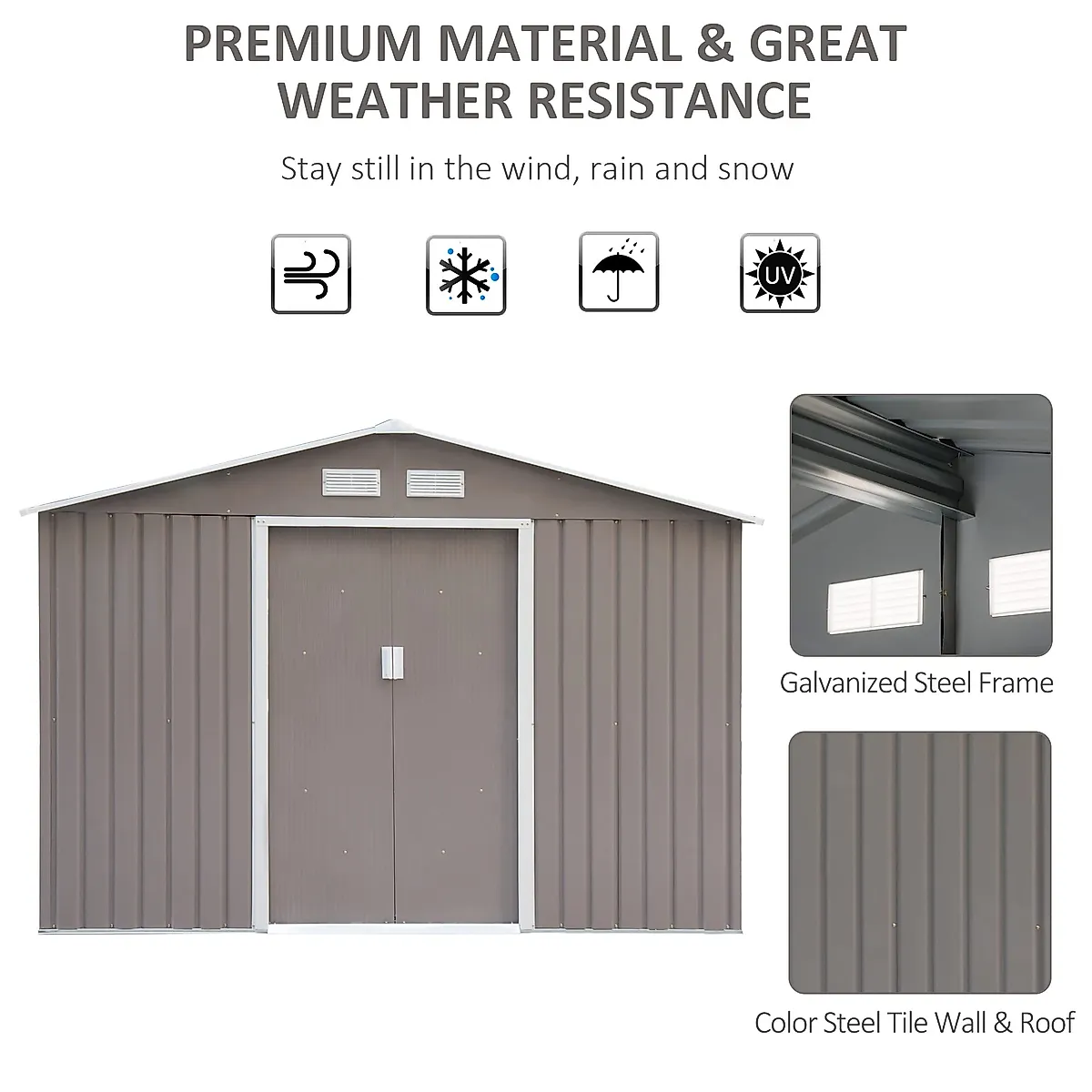Outsunny 9' x 6' Outdoor Storage Shed, Garden Tool Metal Shed with Foundation Kit, Double Lockable Door, Air Vents and Sloping Roof, for Backyard, Patio, Lawn, Gray