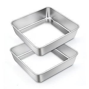 TeamFar 6 Inch Square Cake Pan, Stainless Steel Square Baking Pan for Lasagna Cake Brownie, Healthy & Heavy Duty, Dishwasher Safe & Easy Clean, Brushed Surface & Smooth Edge, Set of 2