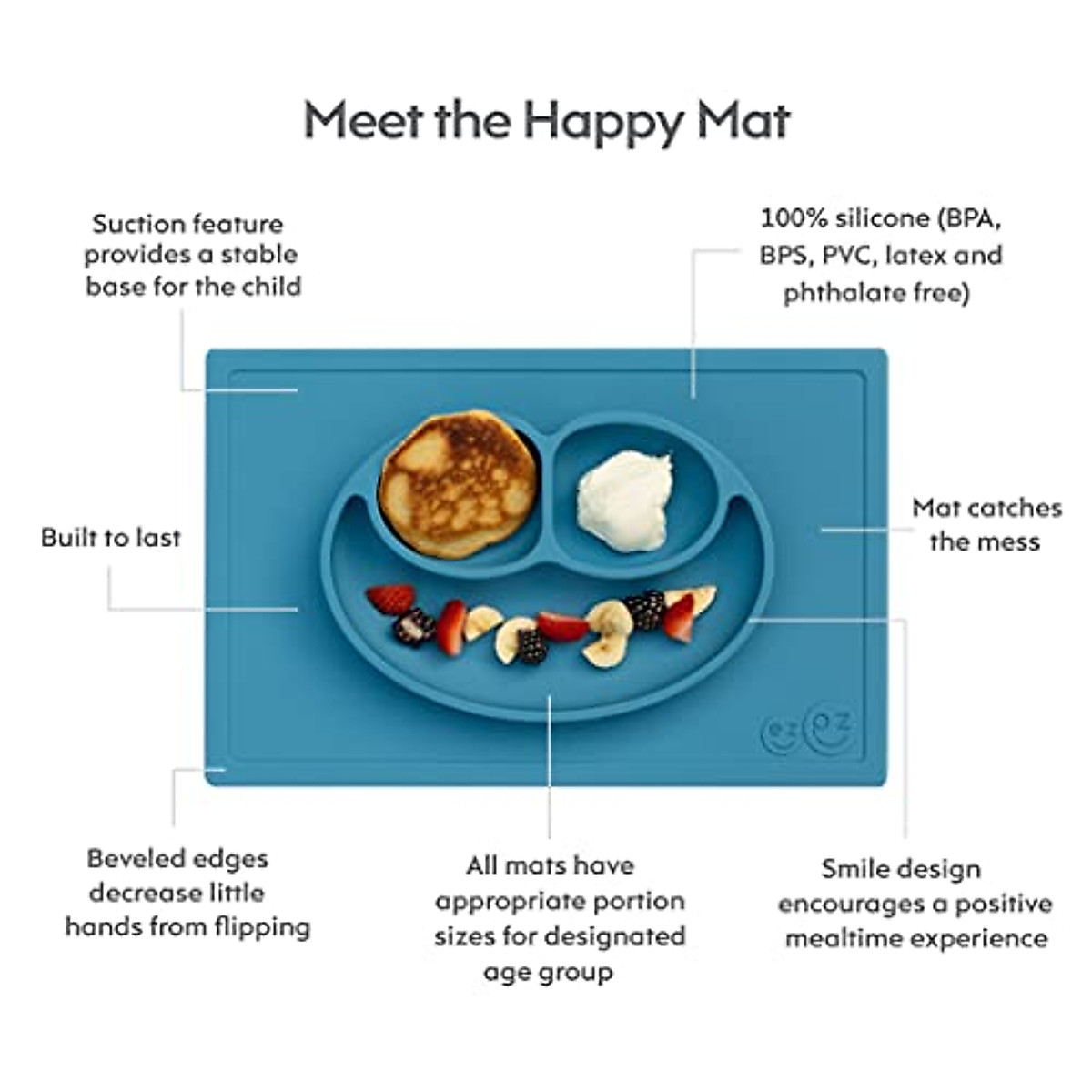 ezpz Happy Mat (Blue) New Version - 100% Silicone Suction Plate with Built-in Placemat for Toddlers + Preschoolers - Divided Plate - Dishwasher Safe