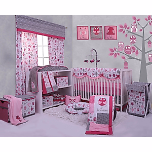 Bacati Owls Pink Dots Girls Cotton Changing Pad Cover, Pink/Grey