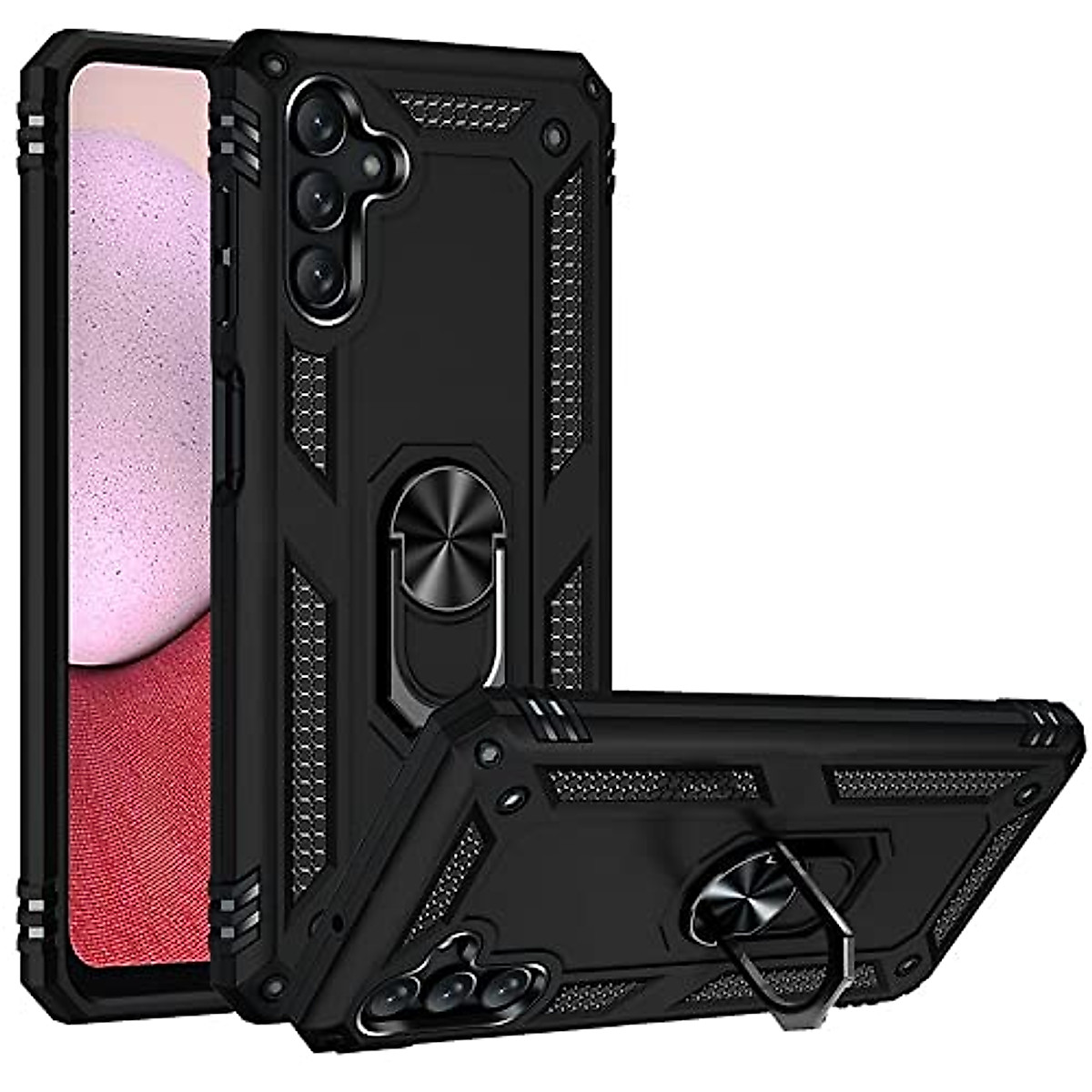 PT Tempered Glass + Shockproof Ring Kickstand Cover Phone Case for Samsung Galaxy A14 5G SM-S146VL + Gift Stand (Black)