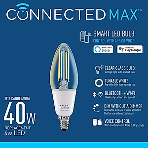 Cree Connected Max Smart Led Vintage Glass Filament Bulb B11 Candelabra 40W Tunable White, 2.4 Ghz, Works with Alexa and Google Home, No Hub Required, Bluetooth + WiFi, 1Pk (Cmb11-40W-Al-9Tw-Gl)