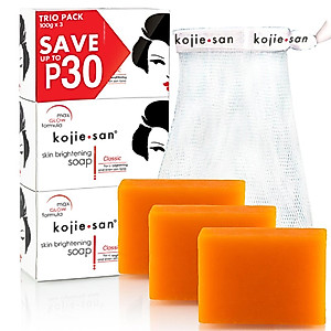 Kojie San Skin Brightening Soap – The Original Kojic Acid, Dark Spot Remover Bar Soap with Coconut & Tea Tree Oil – 100g x 3 Bars with Net