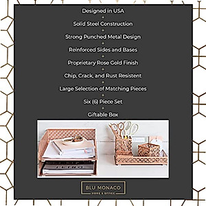 Blu Monaco Office Supplies Rose Gold Desk Accessories for Women-6 Piece Interlocking Stylish Desk Organizer Set- Pen Cup, 3 Accessory Trays, 2 Letter Trays-Rose Gold Paper Tray Holder
