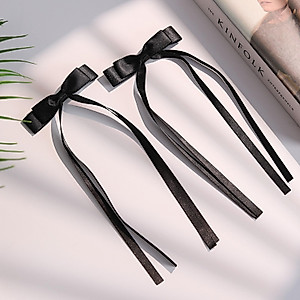 VOBOBE 2PCS Hair Bows for Women Girls, Tassel Ribbon Bowknot Hair Clips Barrettes for Girl with Small Long Tail Solid Satin Hair Accessories (Black-Glitter)
