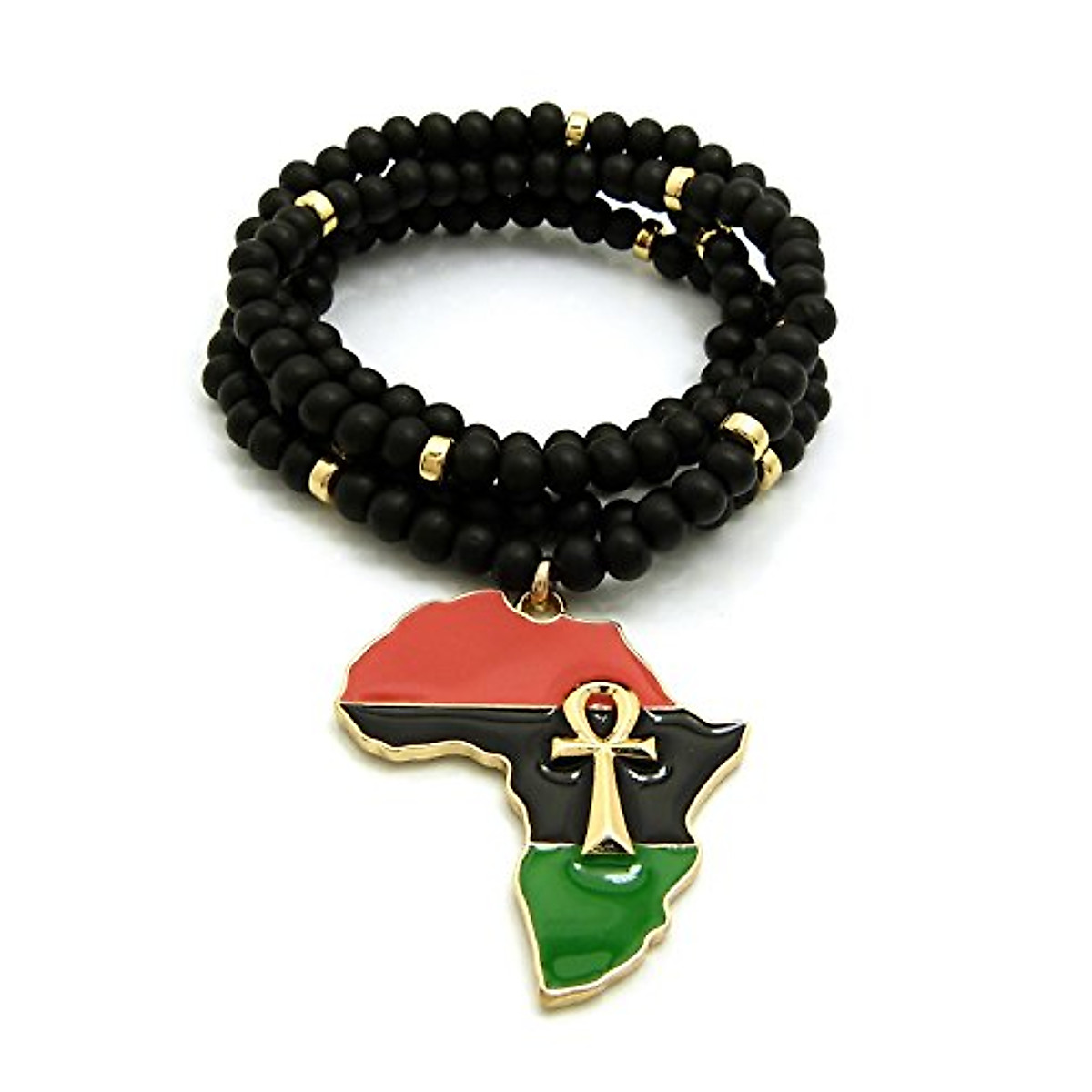 CBC Crown Pan African Colored Africa Map Continent Pendant on 26"/30" Wooden Bead Necklace in Gold or Silver Tone (30" - Black & Gold, Gold Ankh)