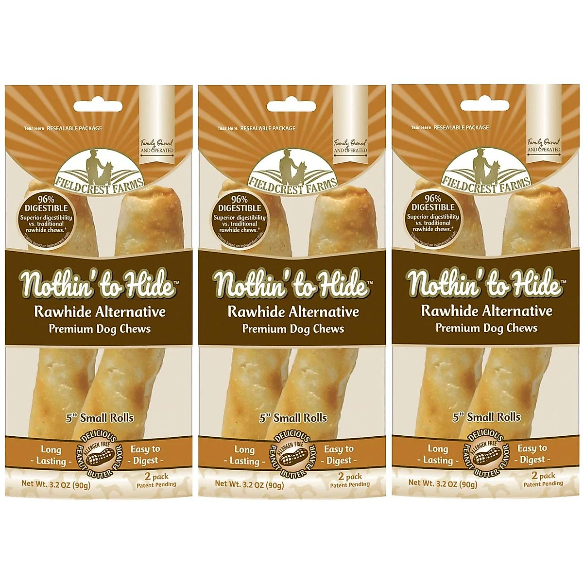 Fieldcrest Farms Nothing to Hide Natural Rawhide Alternative 5'' Rolls for Dogs - 3 Pack (6 Chews) Premium Grade Easily Digestible Chews (Peanut Butter)