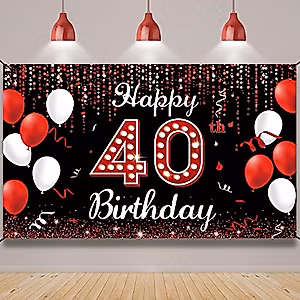 40 Birthday Decorations Backdrop Banner, Happy 40th Birthday Decorations for Women, Red Black White 40 Years Old Birthday Photo Props, Forty Birthday Party Sign for Outdoor Indoor, Fabric Vicycaty