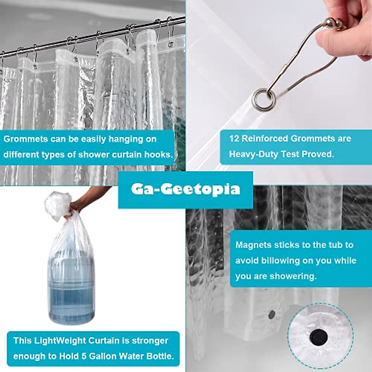 Ga-Geetopia Thin 3D EVA Shower Curtain Liner Water Cube, 72x72 Premium Light Weight Clear Plastic Bathroom Shower Curtain with Rustproof Metal Grommets 3 Magnets for Shower Stall, Bathtubs(No Hooks)
