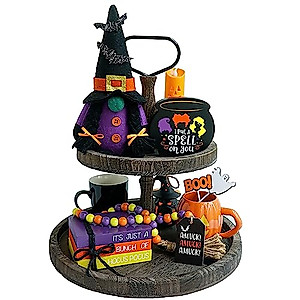 Halloween Decorations - Halloween Gnome Tiered Tray Decor - Hocus Pocus Wood Book Stack Sign Witches Cauldron Halloween Beads Garland Halloween Decorations for Home Halloween Fall Decorations Indoor