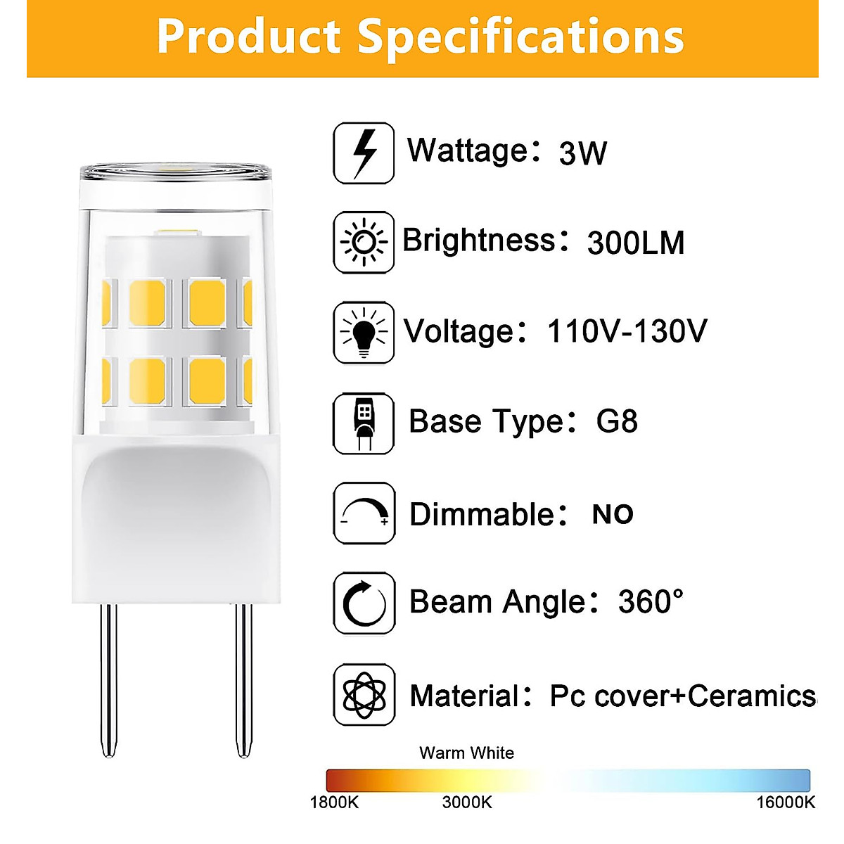YKWCW G8 LED Bulb, 3W Equivalent to 20W-25W Halogen Bulb, T4 JCD Type Bi-Pin G8 Base, 120V Puck Light Bulbs for Under Cabinet Light, Under Counter Kitchen Lighting, 3000K Warm White （5 Pack）
