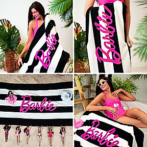 Franco Barbie Barbiecore Black & White Striped Soft Cotton Bath/Pool/Beach Towel, 60 in x 30 in, (Official Licensed Barbie Product)