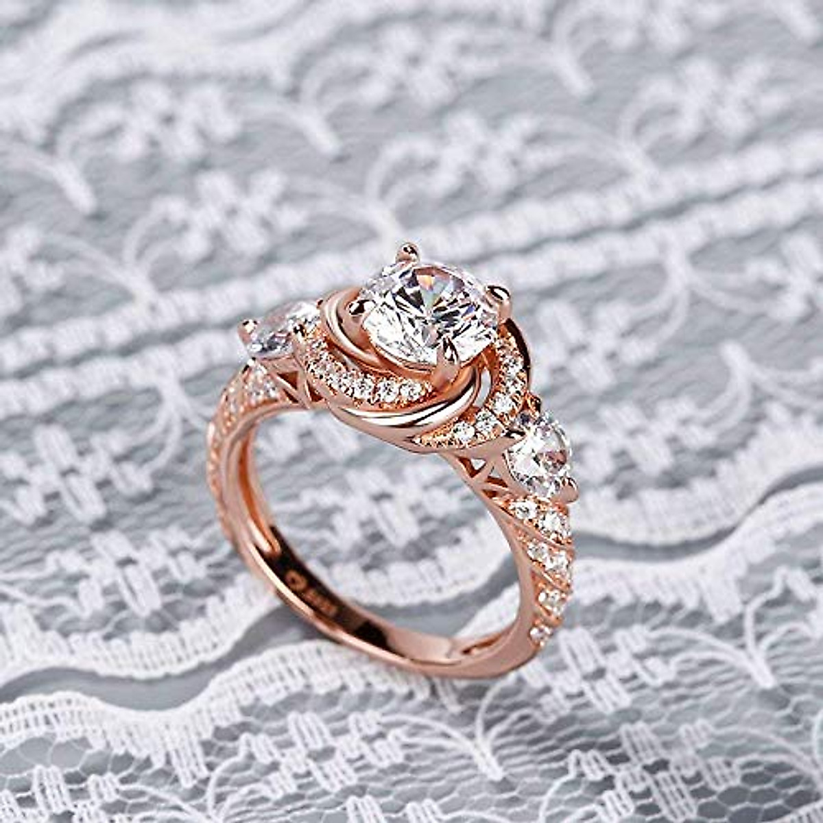 Jeulia 3ct Halo Simulated Diamond Engagement Rings 925 Sterling Silver Rose Gold Plated Eternity Band Rings Cubic Zirconia Anniversary Promise with Jewelry Gift Box