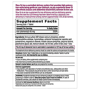 Slow Fe 45mg Iron Supplement for Iron Deficiency, Slow Release, High Potency, Easy to Swallow Tablets - 60 Count