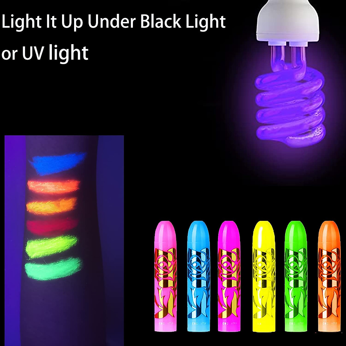 12 PCS Glow Face Body Paint, Glow In The Dark Under UV Black Light Sticks Makeup Neon Face Painting Kits for Kids Adult Halloween Festival Accessory Glow Party Supplies