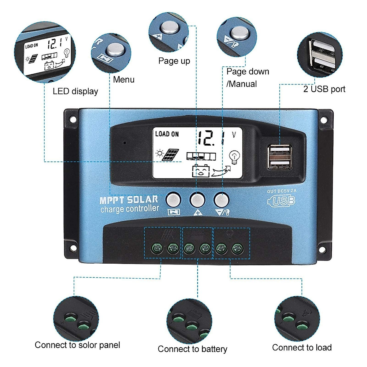 SHYEKYO Solar Charge Controller, 12V/24V MPPT Solar Charge Controller with LCD Real Time Display Solar Panel Intelligent Regulator for Storage Batteries and Loads Work(50A)