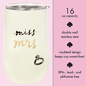 Kate Spade New York Insulated Bridal Stainless Steel Wine Tumbler, 16 Ounce Double Wall Tumbler for Bride to Be, Stemless Travel Cup with Lid, Miss to Mrs. (White)