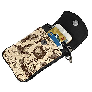 Perfect Gift - Stylish Cat Bat Pumpkin Party Pattern Cell Phone Purse Wallet Big Pocket Small Crossbody Bags Adjustable Shoulder Strap Cellphone Pouch With Card Slots