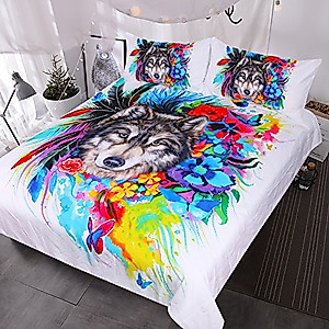 BlessLiving Floral Boho Wolf Duvet Cover Cool Wildlife Bedding Set Bright Rainbow Flower Blossoms Bed Spread (Queen)