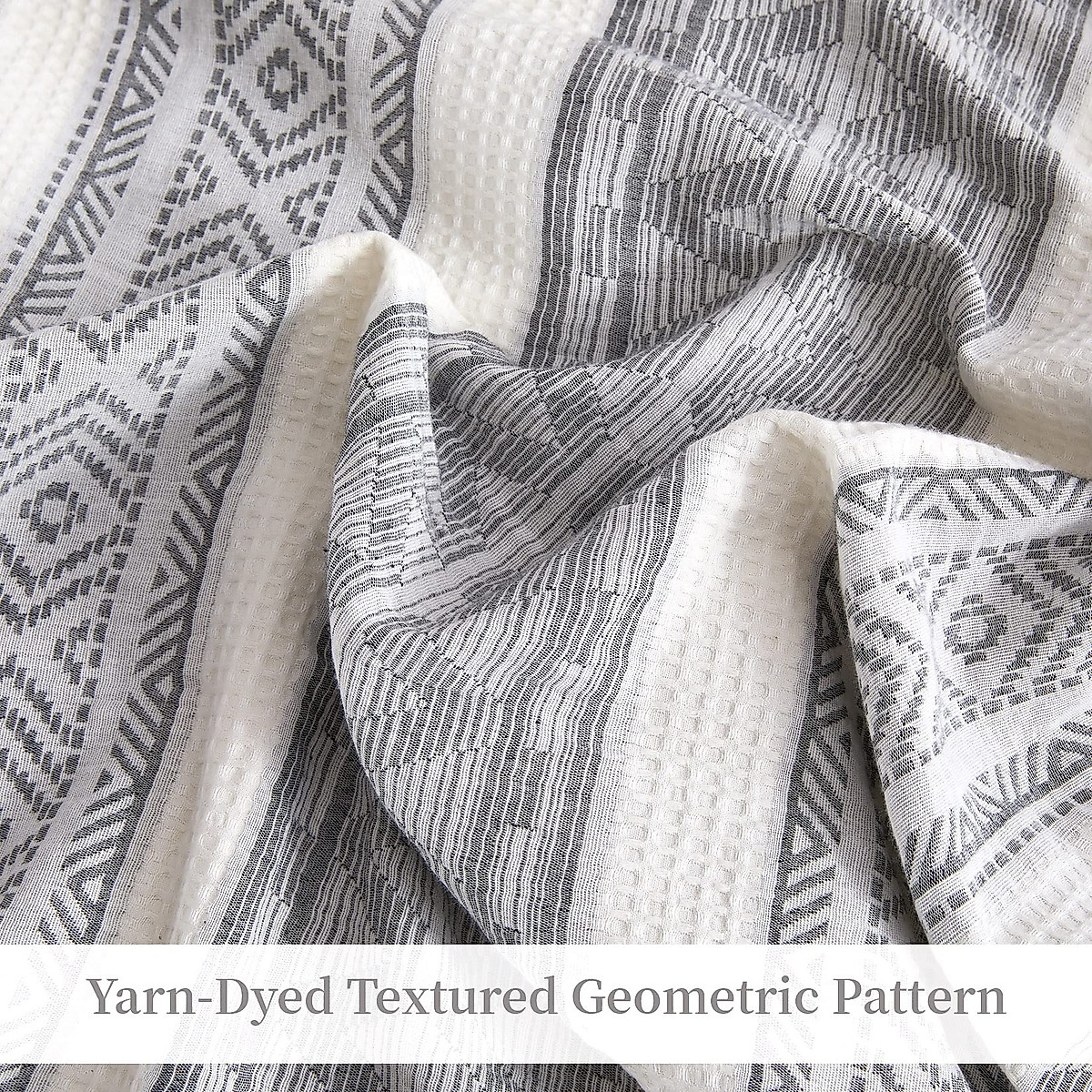 Cotton Jacquard Duvet Cover Set King Size, 3 Pieces Boho Yarn-Dyed Geometric Textured Farmhouse Duvet Cover Set with Waffle and Tufted Dots, 104x92 Inch