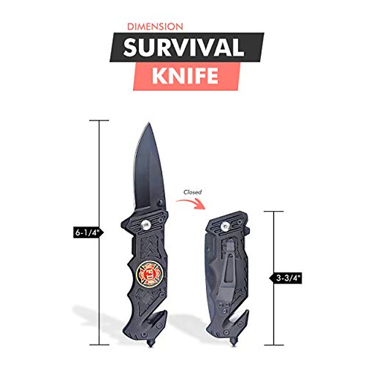 Barton Outdoor 6.25 Inch Fire Fighter Folding Survival Knife with Inlay Fire Fighter Emblem, 6 Pack