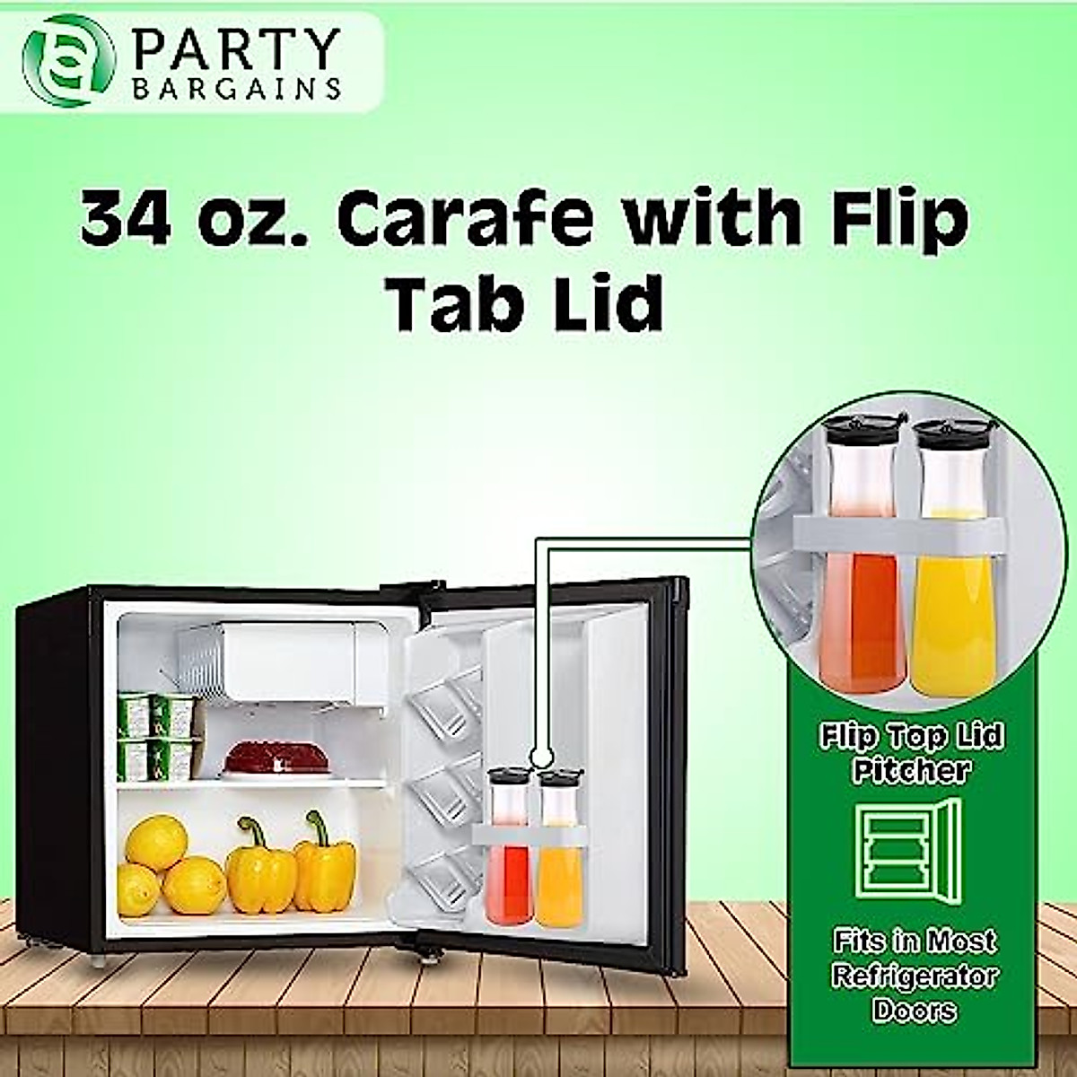Party Bargains 34 oz. Water Carafe with Flip Tab Lids - 1 Pack, Black Lid Premium Quality & Heavy Duty Carafe - Excellent for Milk, Water, Iced Tea, Powdered Juice, Cold Brew, Mimosa Bar