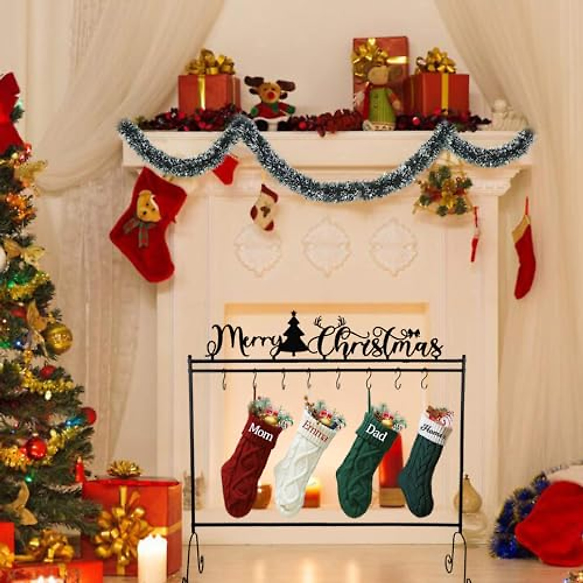 Profully 6 Hooks Christmas Stocking Holder Stand, Black Metal Christmas Stocking Hanger Stand for Floor with Detachable Christmas Decorations