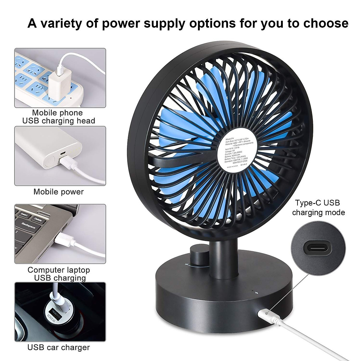 GagetElec 6.5 Inch 5200mAh Battery Operated Rechargeable Fan USB Portable Fan Desk Fans Small Quiet with 10 Speeds Mini Desktop Fans for Office Quiet Personal Table Fans for Bedroom (Black)