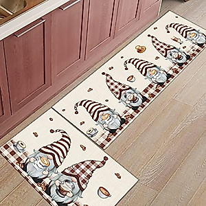Kitchen Rugs Set 2 Pieces, Coffee Gnome Coffee Beans with Brown Plaid Rustic Cotton Linen Cushioned Kitchen Rug Floor Mat for Kitchen Bath,Non Slip Runner Rugs Standing Mat 15.7"x23.6"+15.7"x47.2"