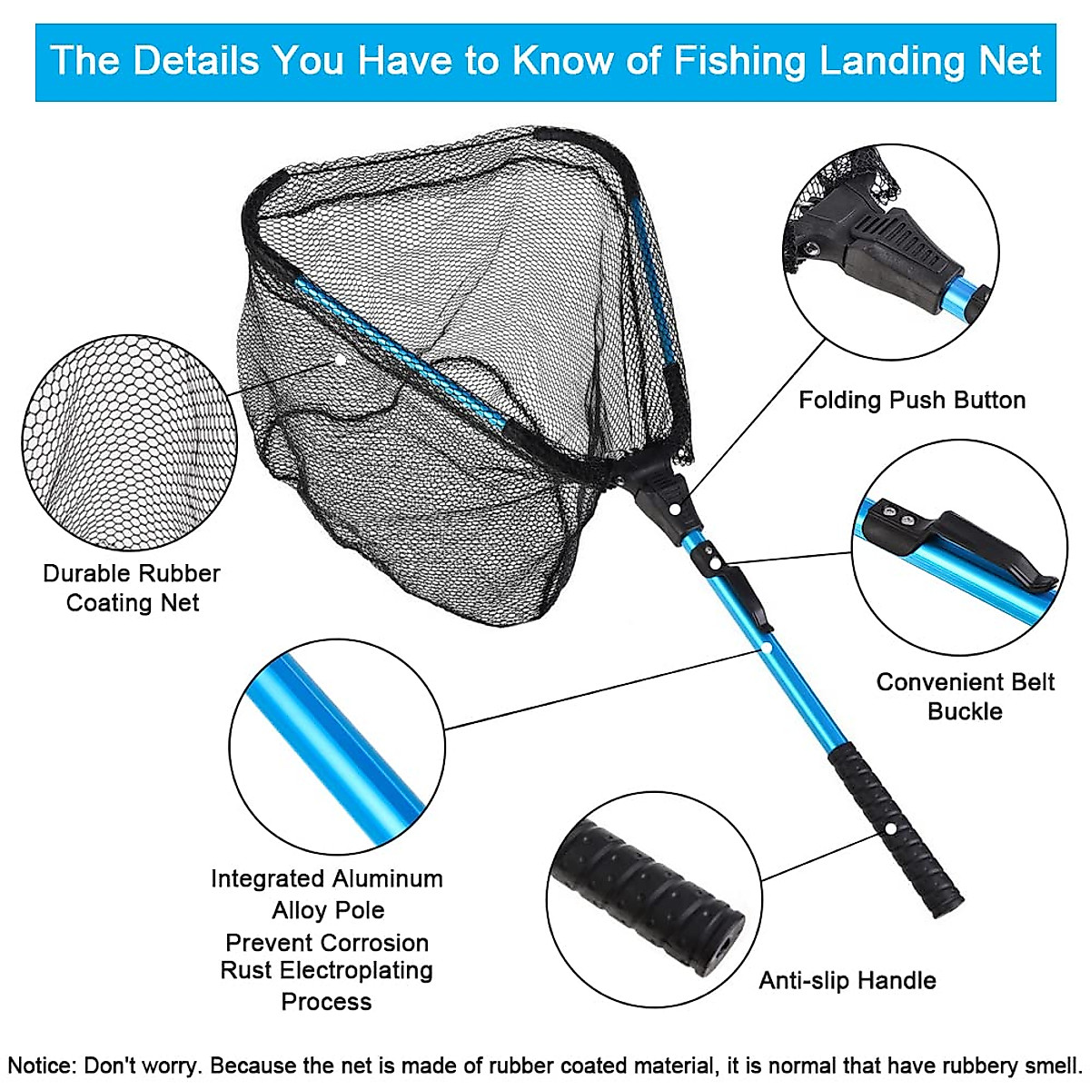 LBW Folding Rubber Fishing Net, Kayak Fishing Net for Saltwater or Freshwater, Collapsible Fishing Landing Net, Catfish, Bass, Trout Net, Compact Fishing Net with Handle