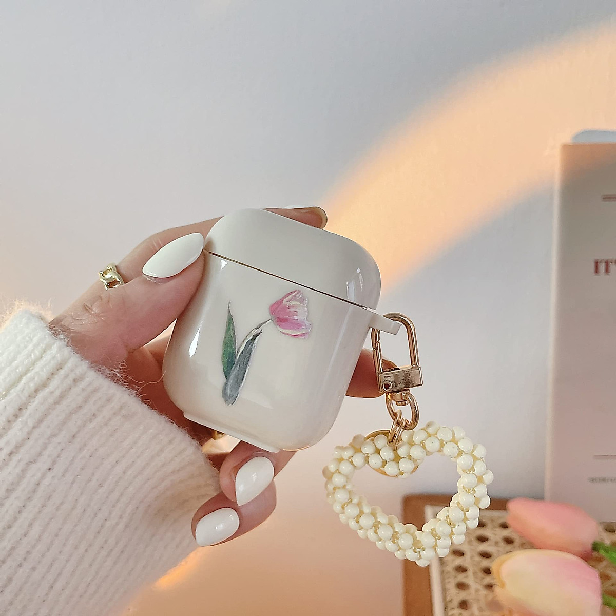 Fycyko Compatible with AirPods Case with Cute Flower Floral Cover with Glitter Heart Keychain, Flexible Shockproof Case Portable Protection Silicone Case for AirPods 1 & 2-Pink