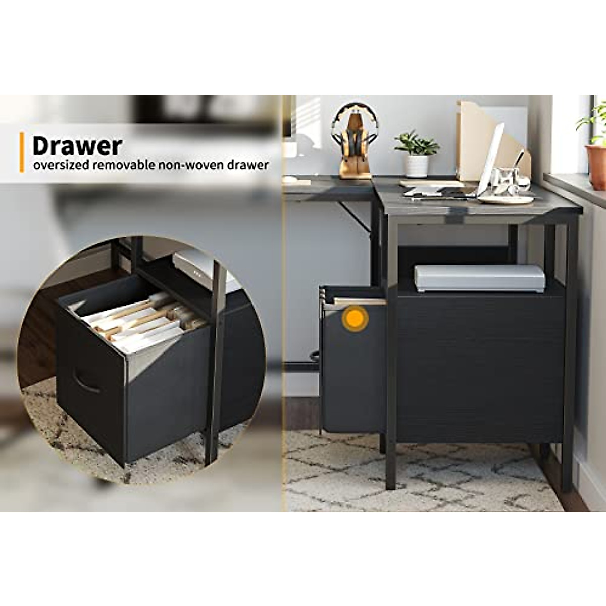 CubiCubi L Shaped Desk with Shelves, 59.1 Inch Corner Computer Desk, Home Office Gaming Writing Workstation with Large Non-Woven Drawer, Black