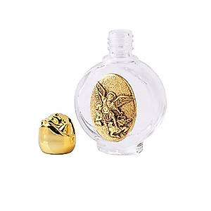 Luomu Glass Holy Water Bottle 0.5 floz with Gold-Toned Cap and Gold-Toned Depiction of The Holy Family (Saint Michael the Archangel-Gold)