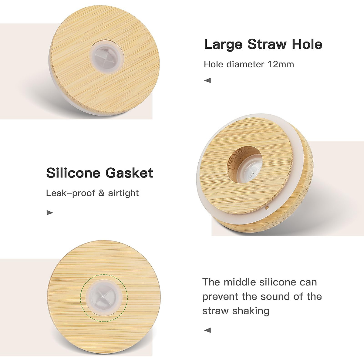 Febflo Bamboo Lids for Glass Cups with Straw Hole, 2.75inch/70mm Wooden Lids for 16OZ Beer Can Cups, Replacement for Regular Mouth 20 24 OZ Cups, 4 Pack