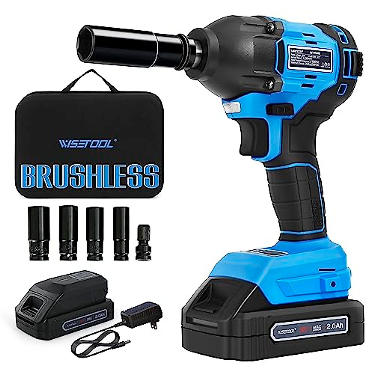 WISETOOL Cordless Impact Wrench,1/2 inch Electric Impact Wrench,Brushless Power Impact Wrench Set for Car Tires,Max Torque 260 ft-lbs,2.0A Li-ion Battery