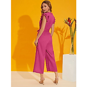 WDIRARA Women's LayePink Ruffle Cap Sleeve Notched V Neck Belted Jumpsuit Pants Pink L