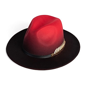 Gossifan Women Gradient Color Fedora Wide Brim Felt Panama Hat with Belt Buckle Red/Black