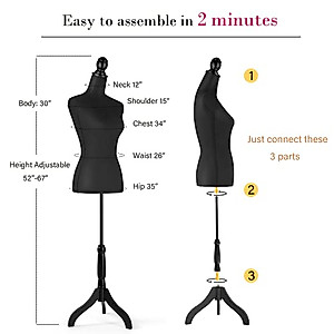 Dress Form Mannequin Torso, Female Sewing Bust Manikin Body, Pinnable Dressmaker Form with Stand for Display, Clothing Design, Black