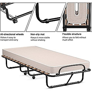 Renatone Folding Bed with Mattress, Portable Guest w/ 4 inch Memory Foam Sturdy Metal Frame, Rollaway Cot Size for Adults, Sleeper Bedroom, Living Room, Office, Camping Clear Small Single