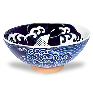 Mino Ware Japanese Rice Bowl, Rice Ramen Noodle Soup Sarada Pasta, Wave Whale Chawn, 5.7 inch 17.5oz Set of 2