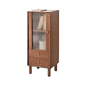 Bamskov Wood Storage Cabinet - Vintage Glass Door, Cherry Wood Storage Cabinet with Doors and Shelves, 2 Drawers Pantry Storage Cabinet for Living Room,Kitchen and Hallway (Walnut, 14"D x 15"W x 37"H)