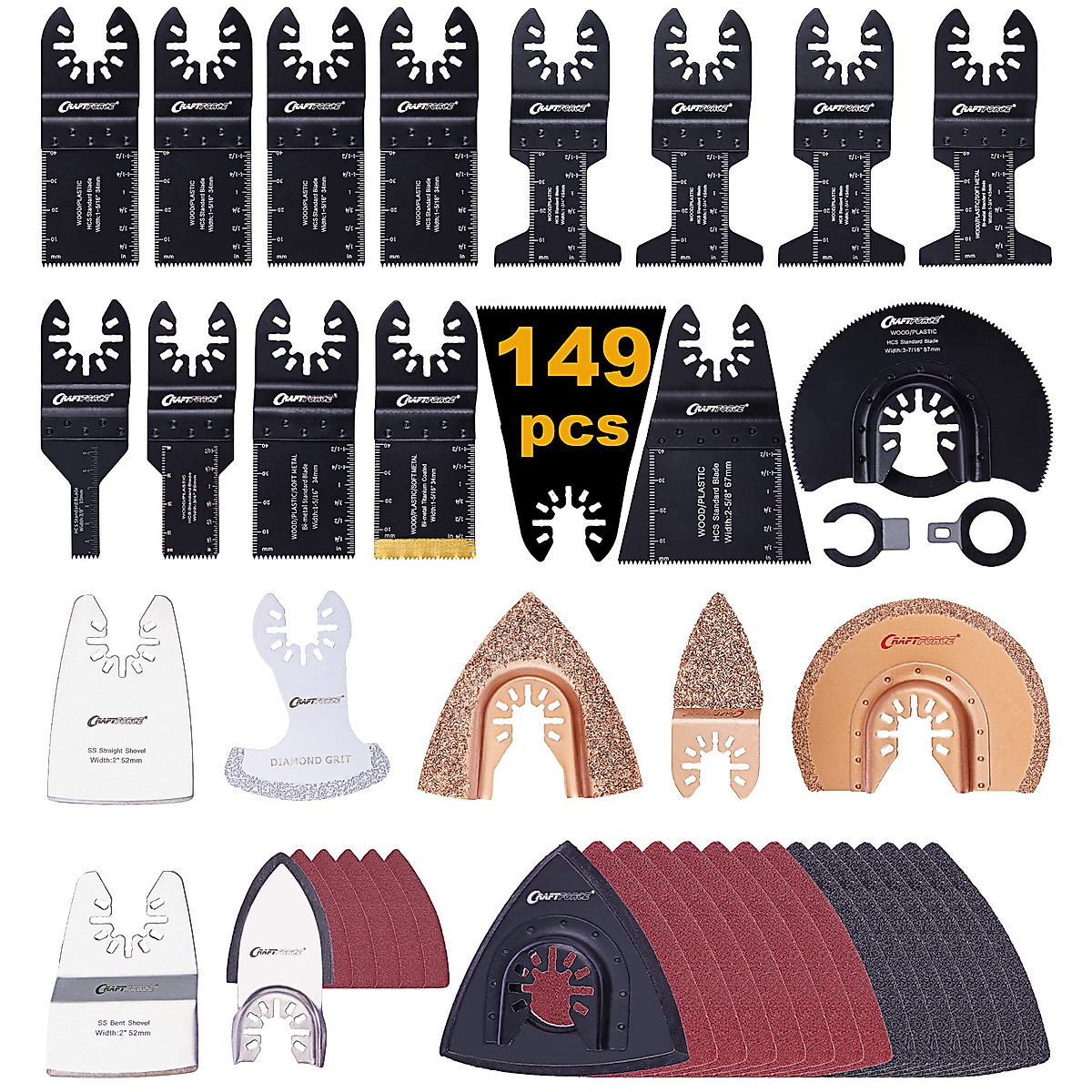 Oscillating Tool Blades, 149-Piece Craftforce Oscillating Saw Blades Universal Multitool Blades Accessories Kit, Fit Dewalt Dremel Milwaukee Ryobi Makita Ridgid Porter Cable Craftsman Rockwell Fein