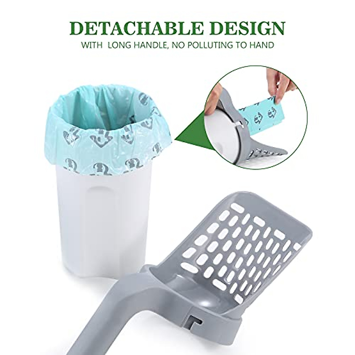 petizer Premium Cat Litter Scoop with 90 Count Refill Bags, Integrated Detachable Deep Cat Litter Shovel with Waste Container, Cat Litter Disposal System