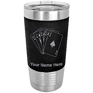 LaserGram 20oz Vacuum Insulated Tumbler Mug, Royal Flush Poker Cards, Personalized Engraving Included (Faux Leather, Black)